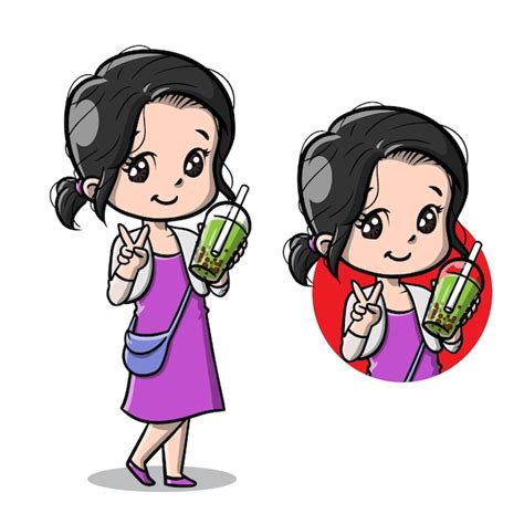 버블 보바 차 만화와 함께 귀여운 소녀 프리미엄 벡터