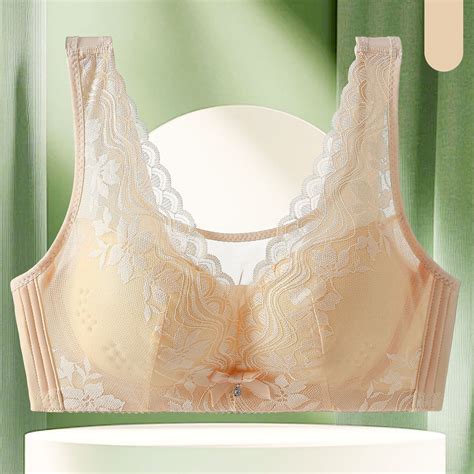 Elvqul Wireless Bras For Women Breathable Beige Lace Plus Size Nylon