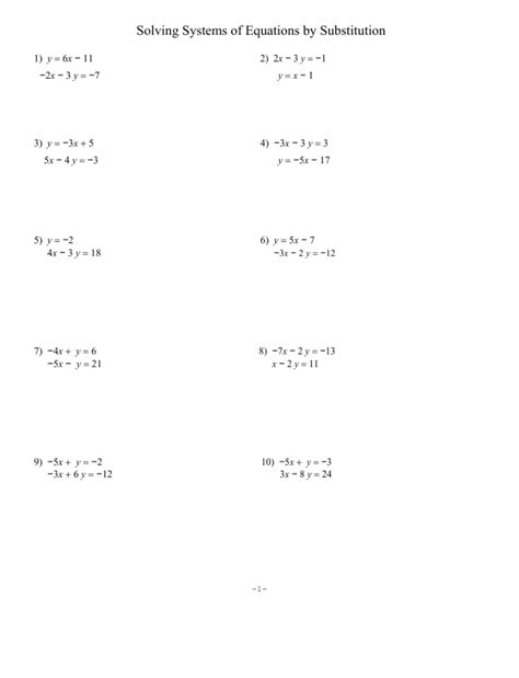 System Of Equations Substitution Worksheet Printable Pdf Template