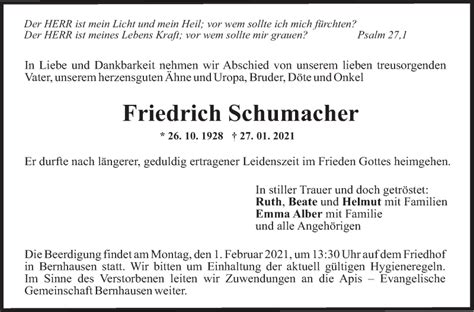 Traueranzeigen Von Friedrich Schumacher Stuttgart Gedenkt De
