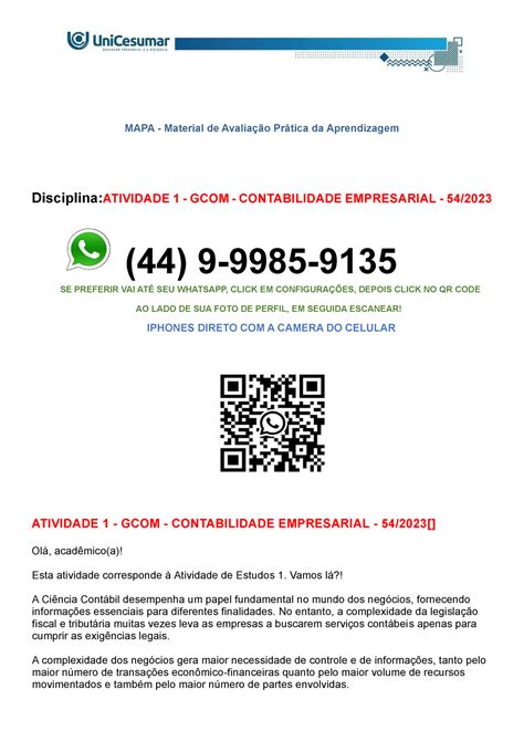 ATIVIDADE GCOM CONTABILIDADE EMPRESARIAL Olá acadêmico