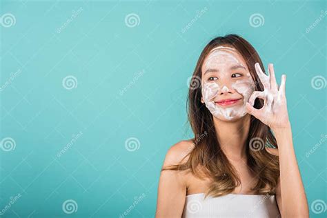 Portrait Asian Young Woman Washing Face Foaming Facewash Soap Scrub On