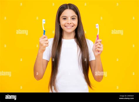 Happy Teenager Portrait Oral Hygiene Dental Teenage Girl Brushing Her Teeth Teen Holds A
