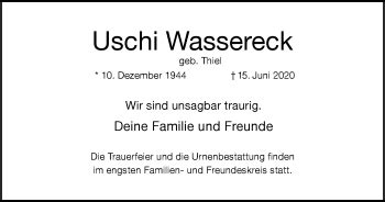Traueranzeigen Von Uschi Wassereck Trauer In NRW De