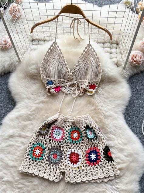 Knit Two Piece Suit Women Backless Camisole Drawstring Mini Shorts