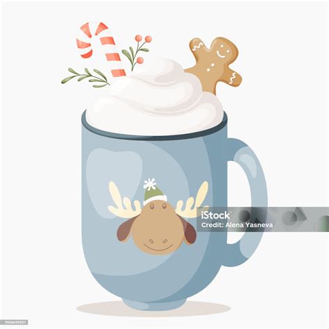 크리스마스와 새해 복 많이 받으세요 뜨거운 음료 사탕 지팡이 진저 브레드 맨 휘핑 크림 쿠키가 든 귀여운 머그잔 인사말 카드 디자인 포스터 스티커에 대 한 그림입니다 0명에