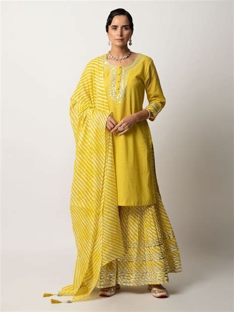 Buy Yellow Tie And Dye Cotton Gota Patti Kalidar Kurta With Mulmul Dupatta Set Of DM