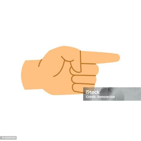 낙서 스타일 플랫 만화 벡터 일러스트레이션에서 검지로 오른쪽을 가리키는 인간의 손 손가락이 방향을 가리키고 앞으로 또는 여기로