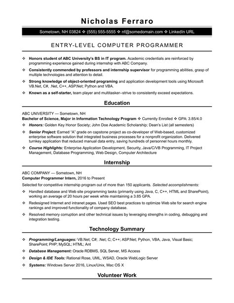 Sample Resume For An Entry Level Computer Programmer Monster