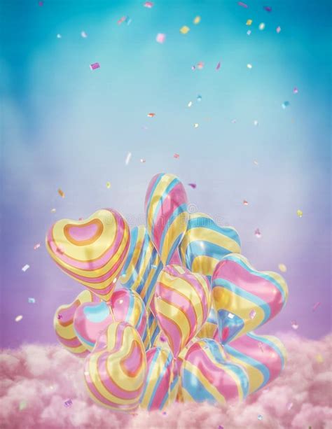 Colorful Balloons On Cotton Candy With Confetti Falling 3d Rendering Stock Illustration