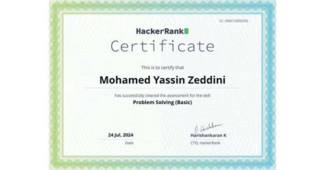 Earned Hackerrank Problem Solving Certificate Mohamed Yassin Zeddini