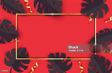 종이 컷 스타일의 빨간색 배경에 검은 여름 열대 잎과 금 뱀 프레임과 색종이 공예 정글 식물 컬렉션 벡터 카드 일러스트 블랙 프라이데이 프로모션 디자인 3차원 형태에 대한