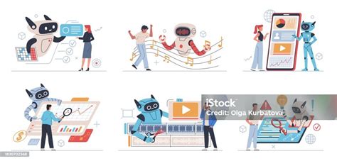 Ai를 사용하는 사람들 인공 지능은 사용자와 상호 작용하고 챗봇과 통신하고 미래형 비서가 도움을 주고 사이보그가 음악을 쓰고 비디오를 편집하고 번역기 및 분석 오늘날의 벡터