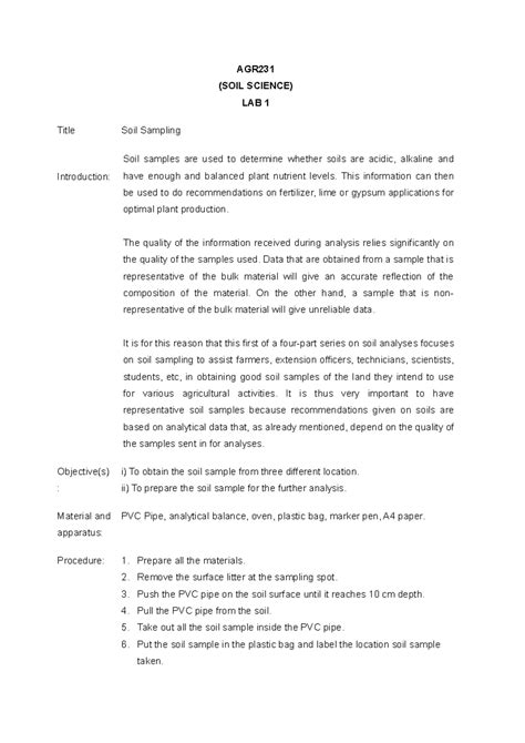 AGR231 Lab 1 Soil Sampling AGR SOIL SCIENCE LAB 1 Title Soil Sampling Introduction Soil