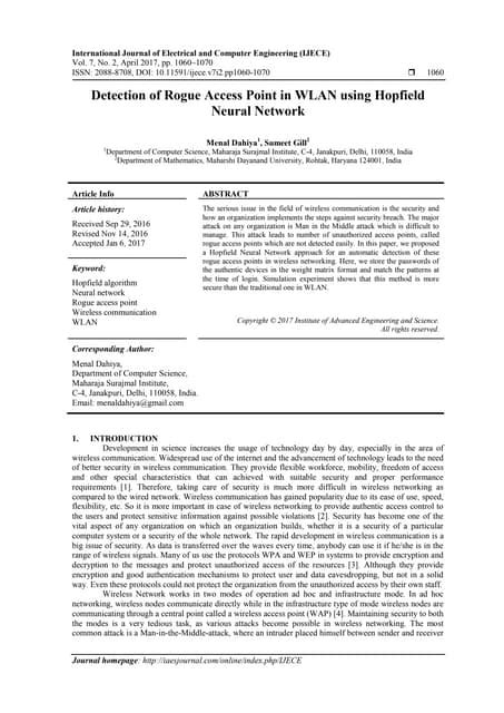 Detection Of Rogue Access Point In Wlan Using Hopfield Neural Network Pdf