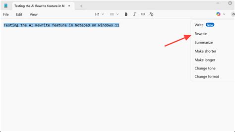 how to enable and use rewrite ai in notepad on windows 11