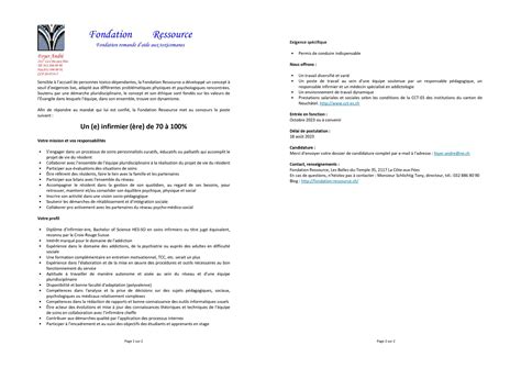 Fondation Ressource Annonce infirmière 70 à 100 RV Fondation
