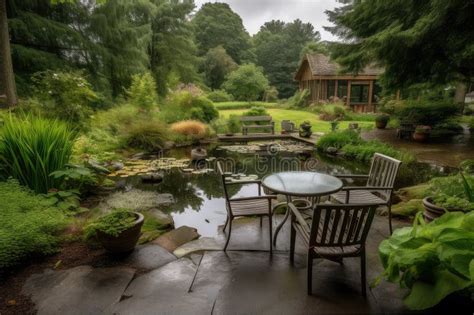 Relaxing Backyard With View Of The Pond And Waterfalls In The Distance