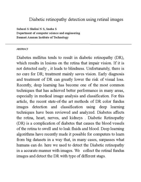 Abstract Diabetic Retinopathy Detection Using Retinal Images Diabetic Retinopathy Detection