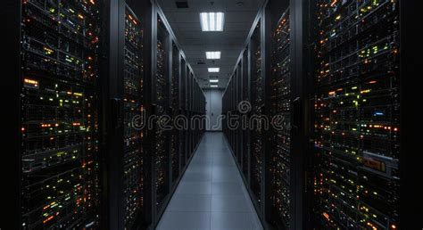 modern data center with illuminated servers in a secure facility stock