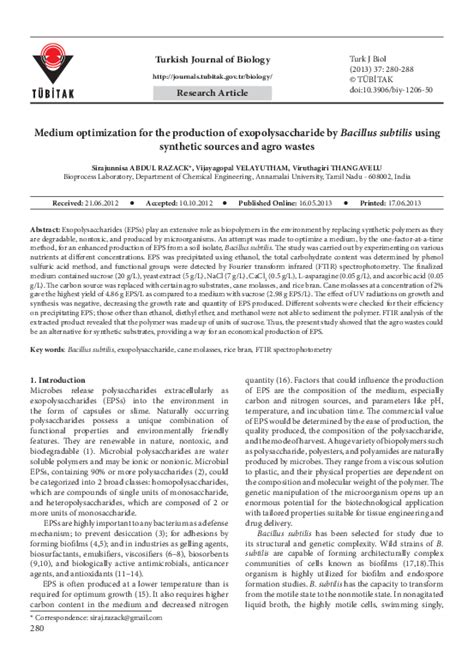 Pdf Medium Optimization For The Production Of Exopolysaccharide By Bacillus Subtilis Using