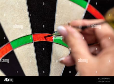 Woman Playing Dart Professional Steeldart Sport Closeup Dartboard And Dart Point Stock Photo