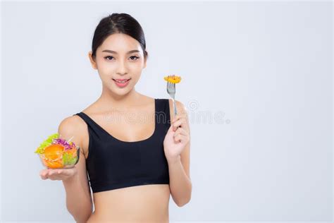 Beautiful Portrait Young Asian Woman Smiling Holding Salad Vegetable