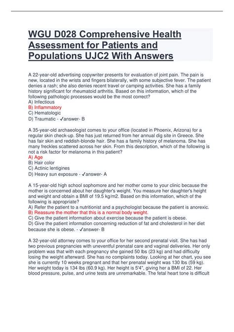 Wgu D028 Comprehensive Health Assessment For Patients And Populations Ujc2 With Answers 2022