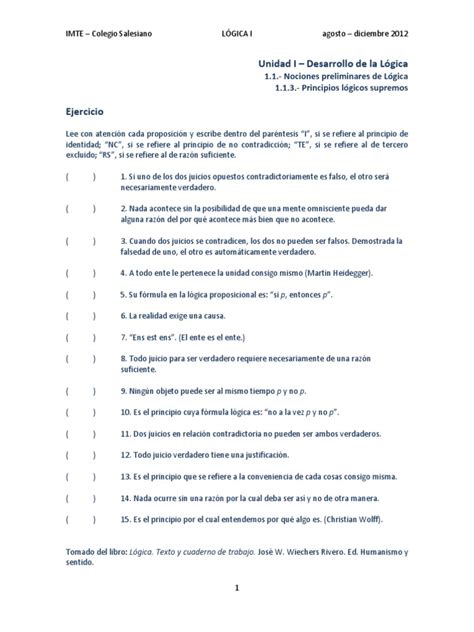 1 1 3 Principios Lógicos Supremos Ejercicio Lógica I Pdf