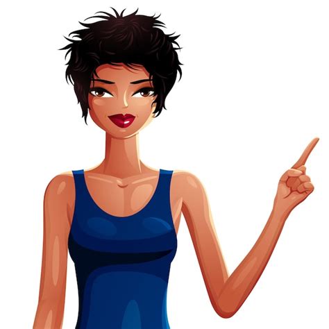 ゴージャスなブルネットのセクシーなムラートの女性の明るい描画は、白い、女性の肖像画に分離された、横にいくつかの空のスペースで指を指しています