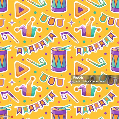 하멘타셴 축제 화환 광대 모자 드럼의 매끄러운 패턴을 특징으로 하는 부림절을 위한 생생한 벡터 일러스트레이션을 만들어 이 활기찬 휴일의 즐거운 정신과 전통을 포착합니다