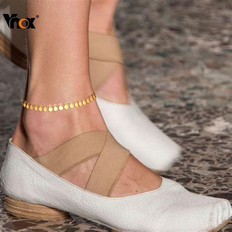 Vnox Gold Color Tassel Anklets Chain For Women Stainless Steel Anklets Chain Women Round Tag