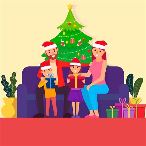평면 디자인에 Cocnept 크리스마스 가족 장면 무료 벡터