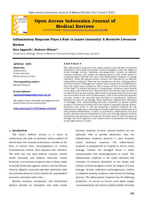 Pdf Inflammatory Response Plays A Role In Innate Immunity A