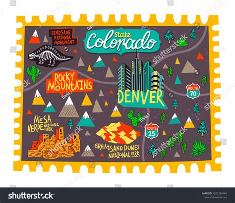 Illustrated Map Colorado Usa Travel Attractions Stock Vector Royalty