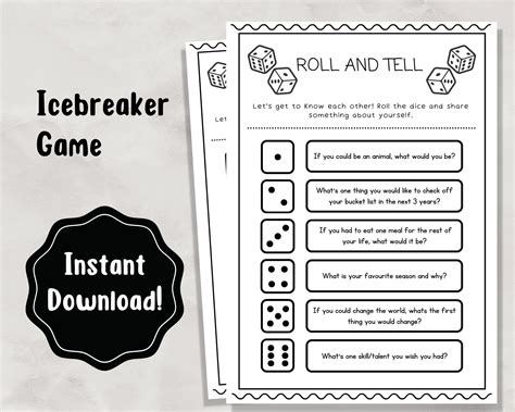Roll And Tell Game Dicebreaker Dice Game Preschool Worksheets Dinner Party Games Get To Know
