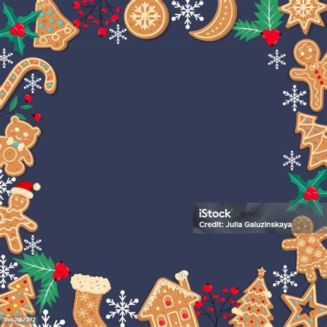 진한 파란색 크리스마스 진저 빵 배경입니다 겨울 쿠키 홀리 베리 눈송이가있는 크리스마스 디자인 텍스트를 위한 빈 공간 카드 배너 포스터에 대 한 템플릿입니다 진저브레드