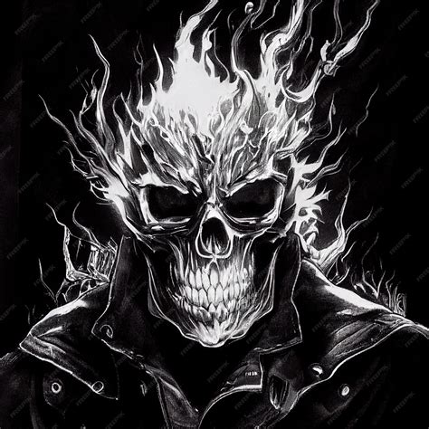 Ghost Rider Llameante Cráneo Tinta Boceto Blanco Y Negro Ilustración