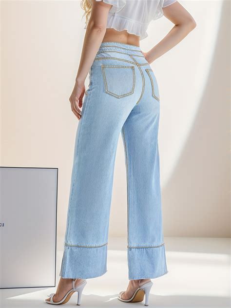 Womens High Waist Baggy Jeans Double Button High Stretch Wide Leg