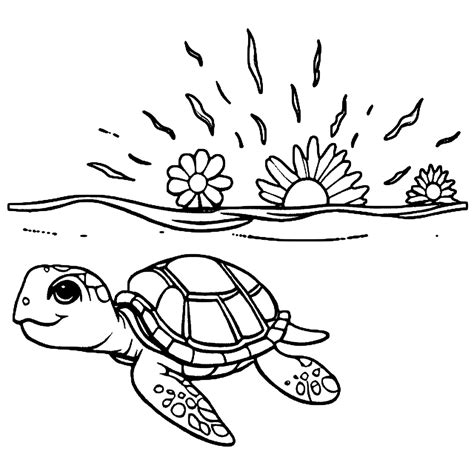 Turtle Swimming At Sunrise Coloring Page With Beach And Flowers