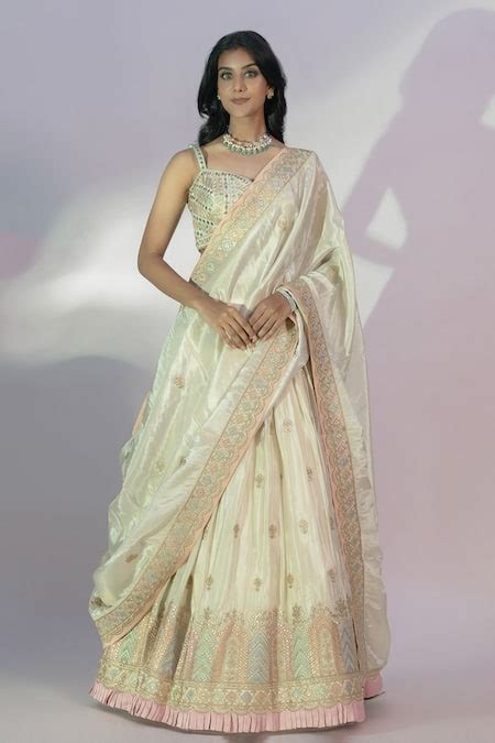 Buy Cream Silk Embroidered Foil Sweetheart Floral Lehenga Set For Women