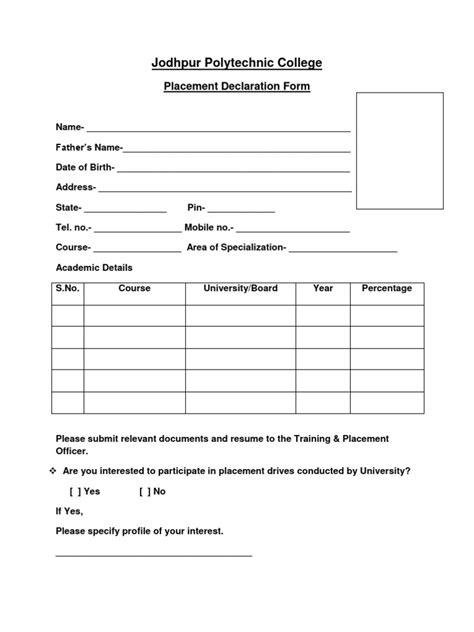 Placement Declaration Form Pdf