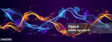 흐르는 에너지 입자 어둠을 통해 혼합 점의 상호 파도 곡선 된 점선 된 3d 더블 라인 벡터 일러스트 레이 션입니다 빛나는 빛나는 효과와 3d 미래 기술 스타일 빗나간