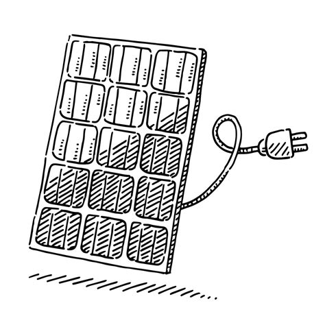 Ручной векторный рисунок панели солнечных батарей и символа силового кабеля чёрно белый этюд на