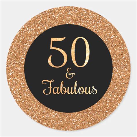 50 And Fabulous Birthday Sparkly Gold Glitter Black Classic Round Sticker