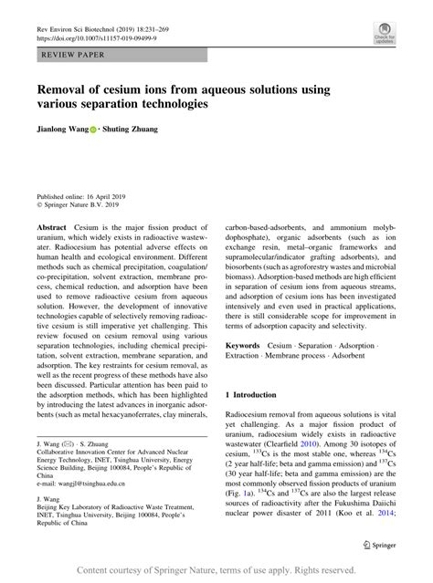 Removal Of Cesium Ions From Aqueous Solutions Using Various Separation