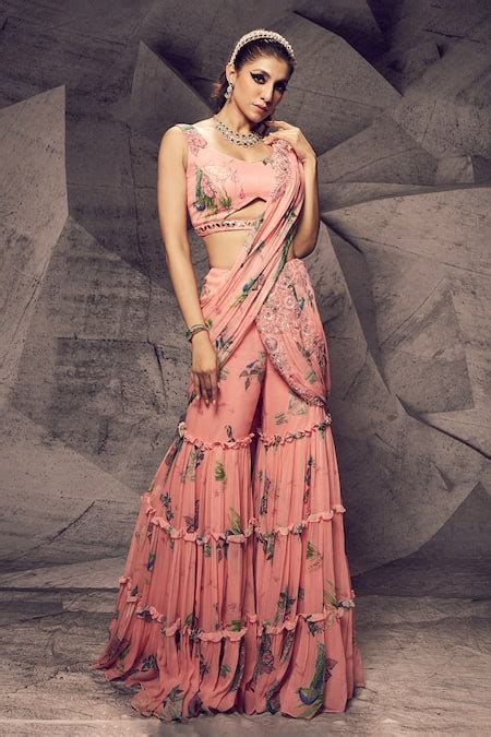 Buy Pink Georgette Embroidered Mirror Leaf Floral Pattern Sharara Saree