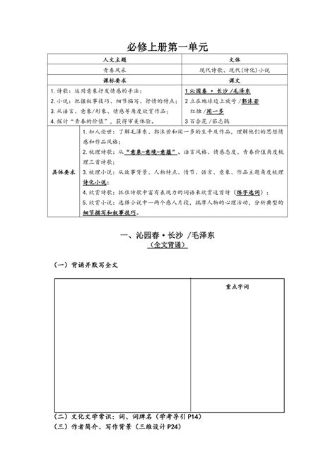 第一单元重点整合 复习学案 2022 2023学年统编版高中语文必修上册 21世纪教育网