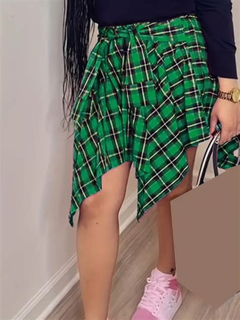 Plaid Asymmetrical Hem Skirt Casual Tie Front Skirt Spring Temu