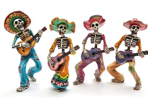 Calacas Skeleton Figurines In Festive Activities Of Dance And Music On